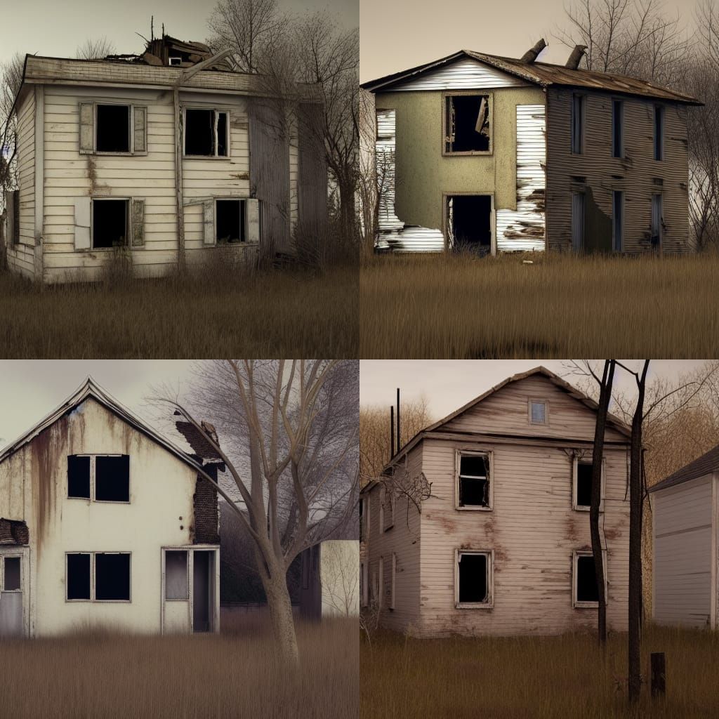 exterior view of a bleak, photo-realistic, decrepit, dilapidated, house ...