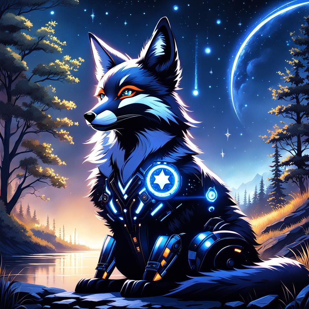 cyborg fox, black fur, blue mana runes, cybernetic, mechanical, robotic ...