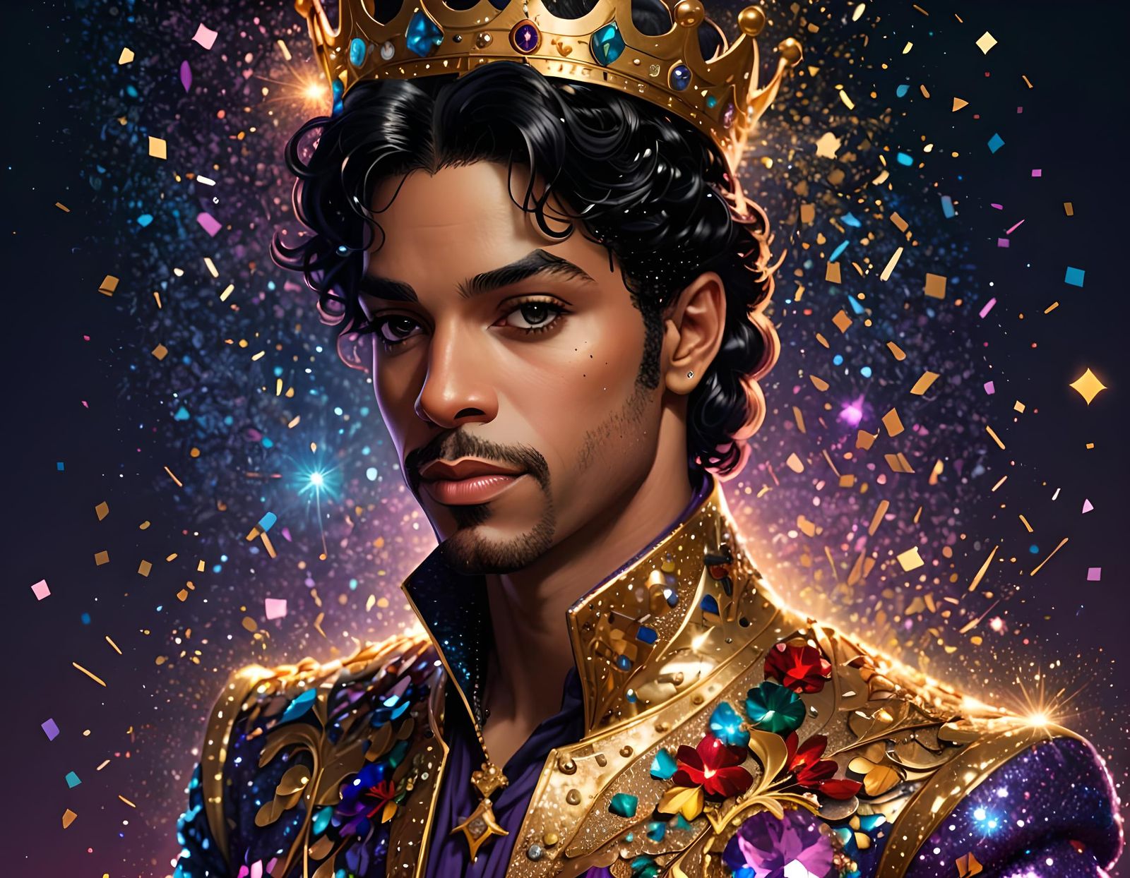 Portrait of the artist formula known as Prince surrounded by glitter and sparkles. - AI ...