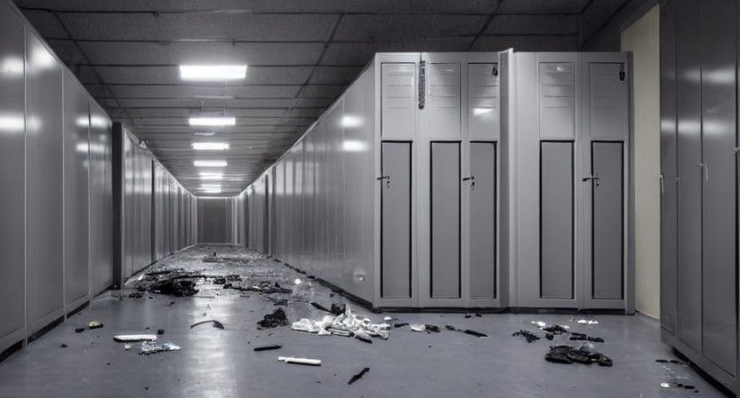 Dark grey metal walls and lockers of a small Storage room with a mess ...