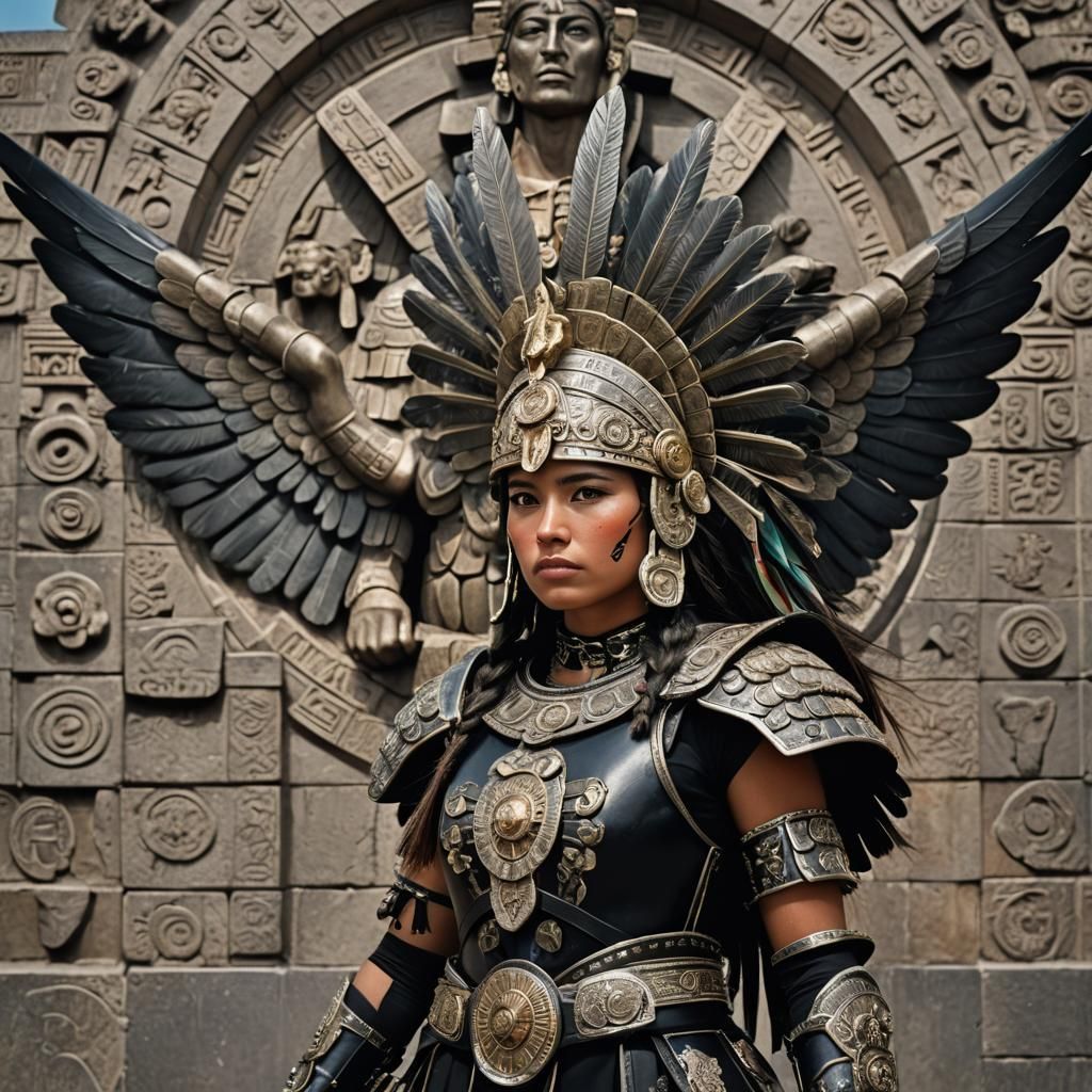 A female Aztec warrior wearing armor stands beside the god of grit and ...