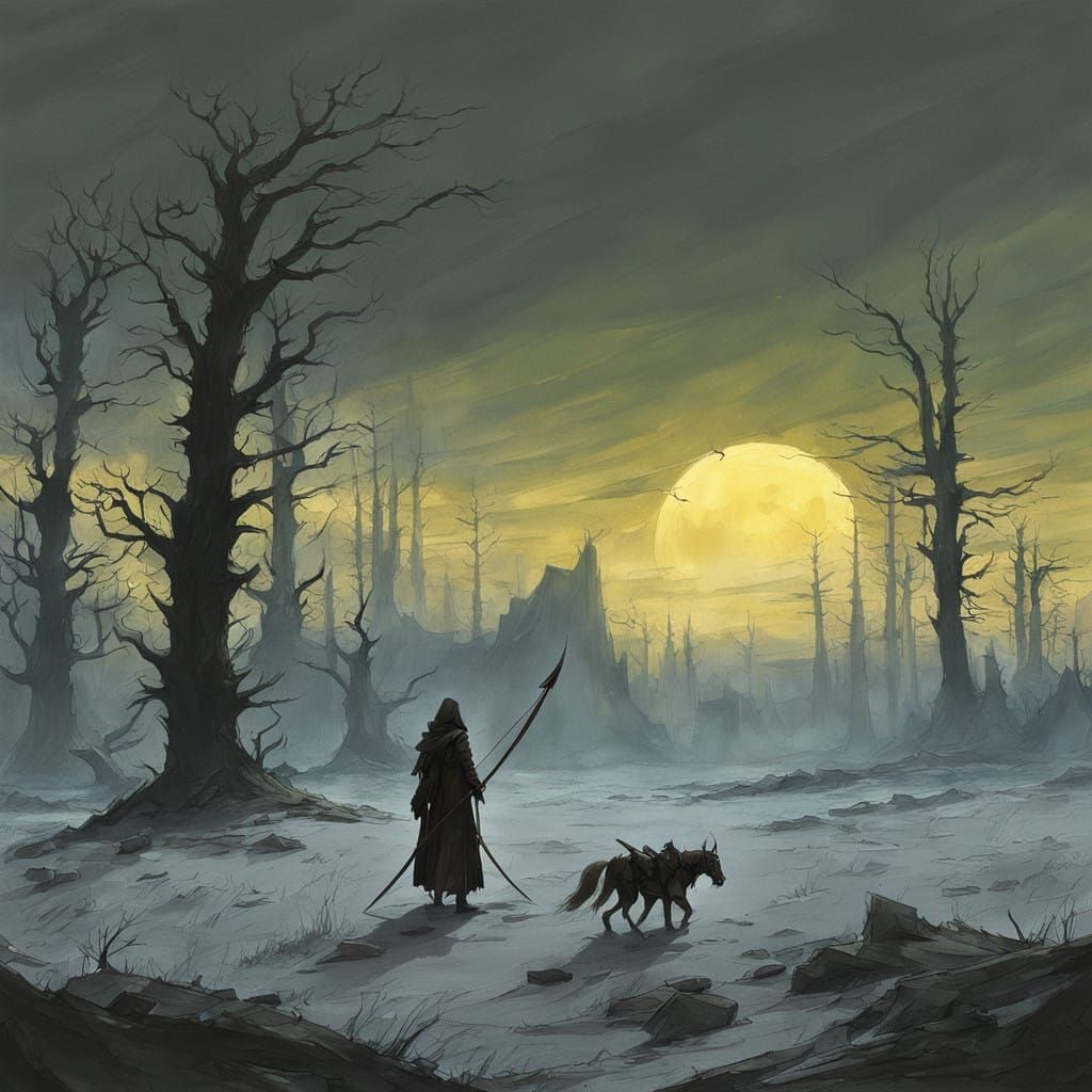 Mysterious Archer in Ashen Landscape - AI Art