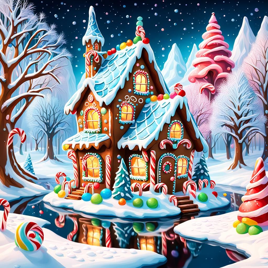 Gingerbread House Winter Wonderland Scene in Vibra... - AI Art