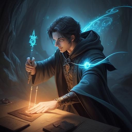 a Sorcerer that is holding a wand in his hand, fantasy art, casting a ...