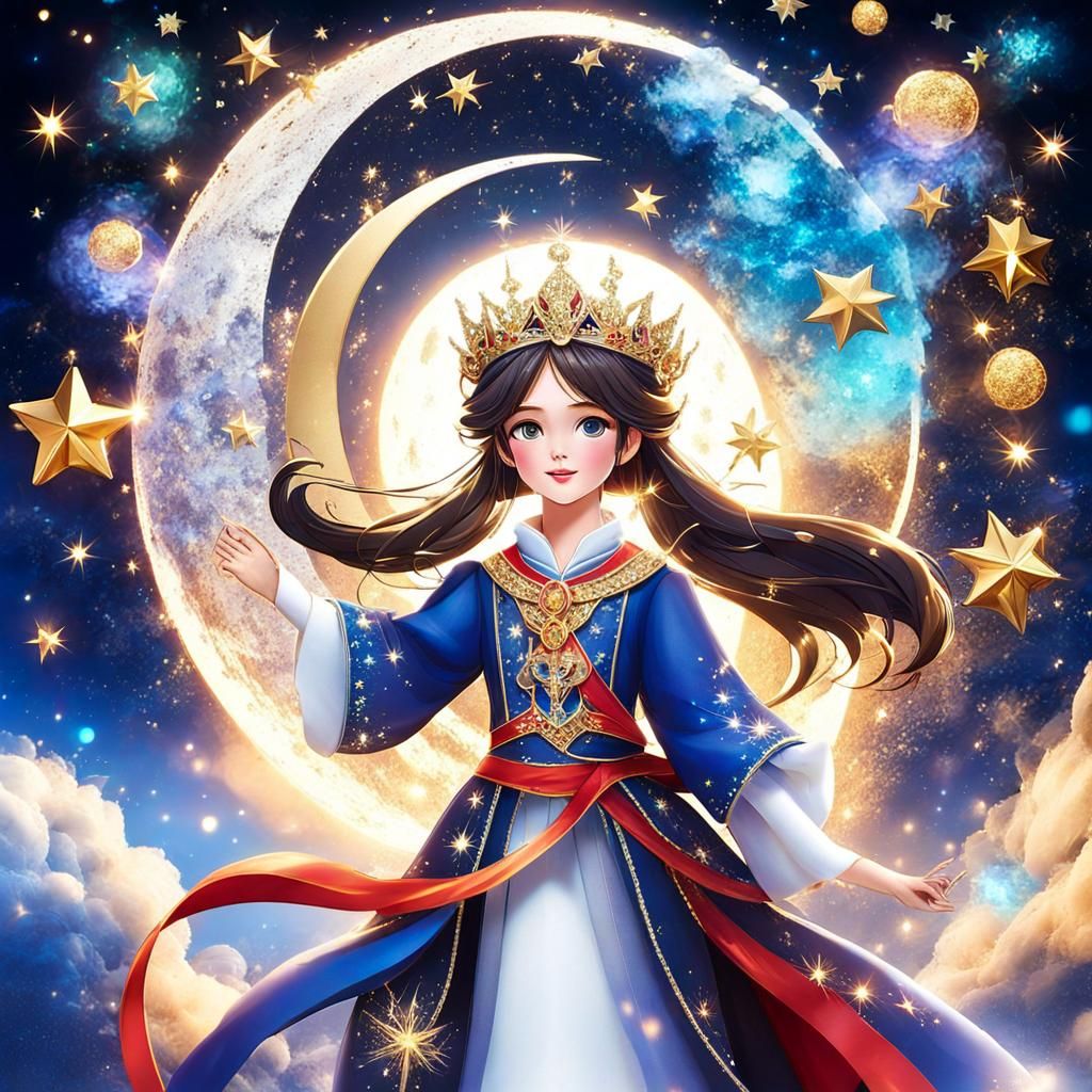 Magical Princess on the moon, Beautiful glitter rain, flying Golden ...