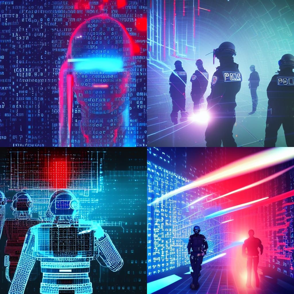 Cybernetic Police Officers containing a firey riot, red and blue ...