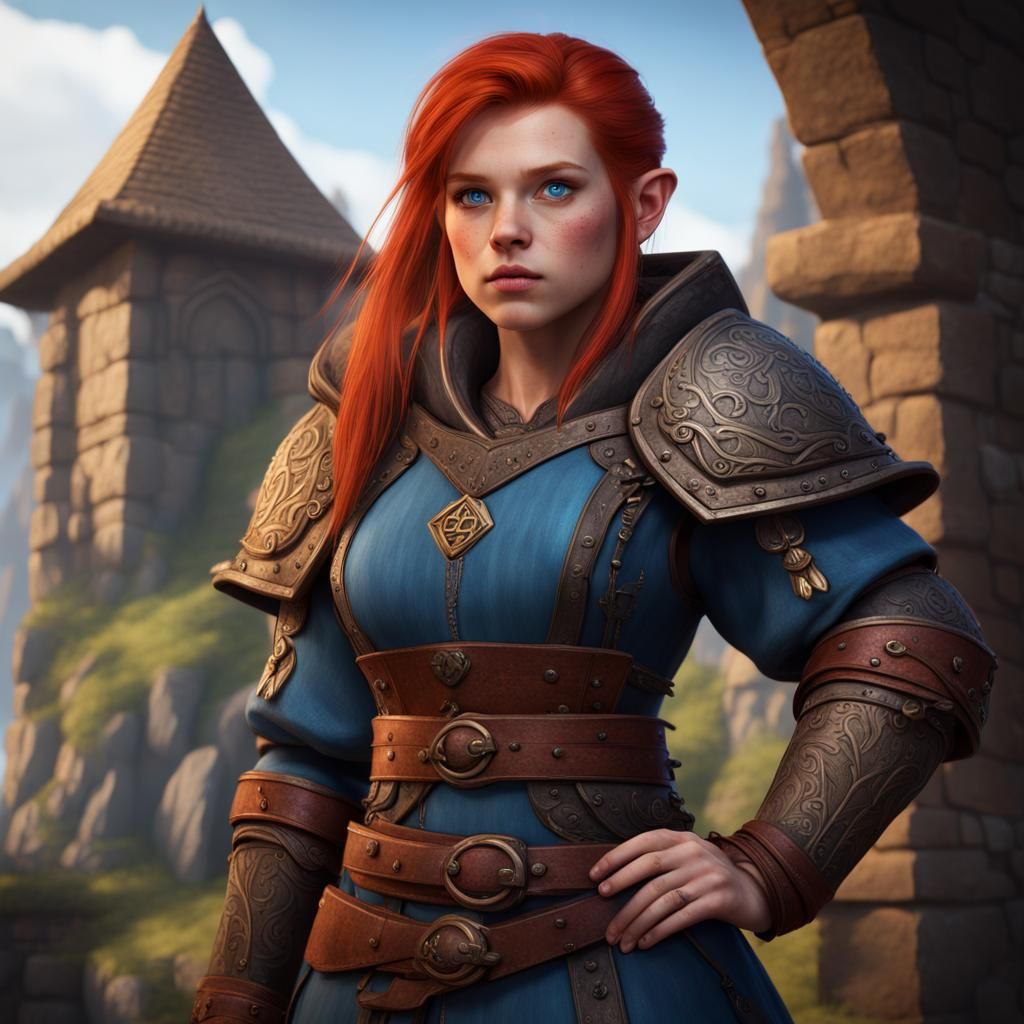Young, dwarf, female, cleric, dungeons and dragons, red hair, blue eyes ...