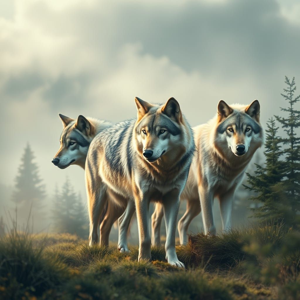 Wolves - Majestic Wolves in Serene Wilderness Landscape