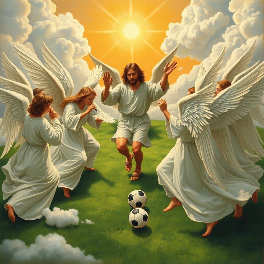 Angels Play Soccer in Heaven with Jesus as Referee - AI Art