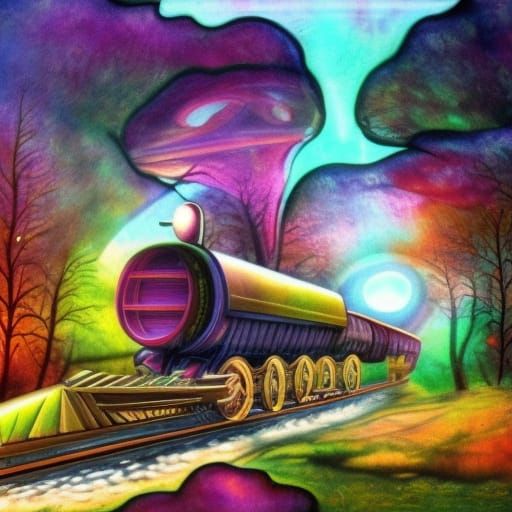 A steampunk train traveling through a psychedelic nightmare forest - AI ...