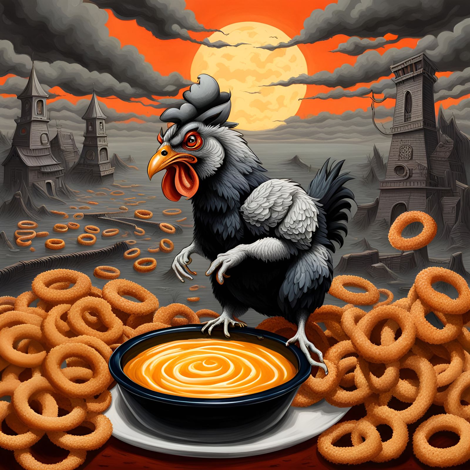 Chicken Rings and Poison Rat Dip, perfectly rendered surrealism - AI ...