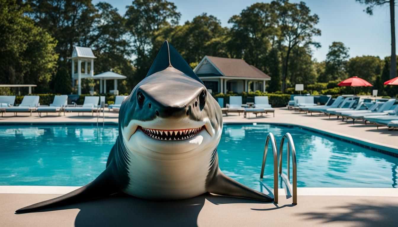 Shark as lifeguard beside country club swimming pool wearing dark ...