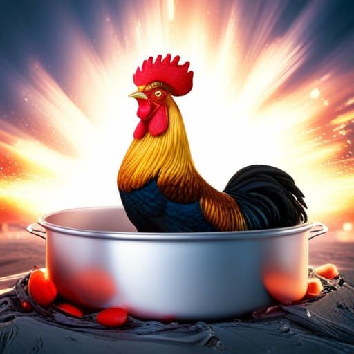 A red rooster, in a roasting pan, 8k resolution, a masterpiece, 35mm, hyperrealistic, hyper ...