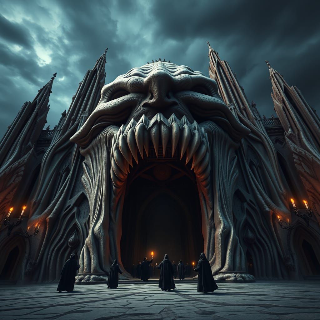 Grotesque Cathedral with Macabre Human Facade in D... - AI Art