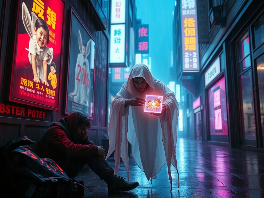 Cinematic film still in the neon-noir style of Blade Runner 2049. In a ...