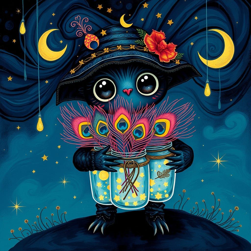 Peacock feathers raindrops fall from the sky Van Gogh-inspired whimsy ...