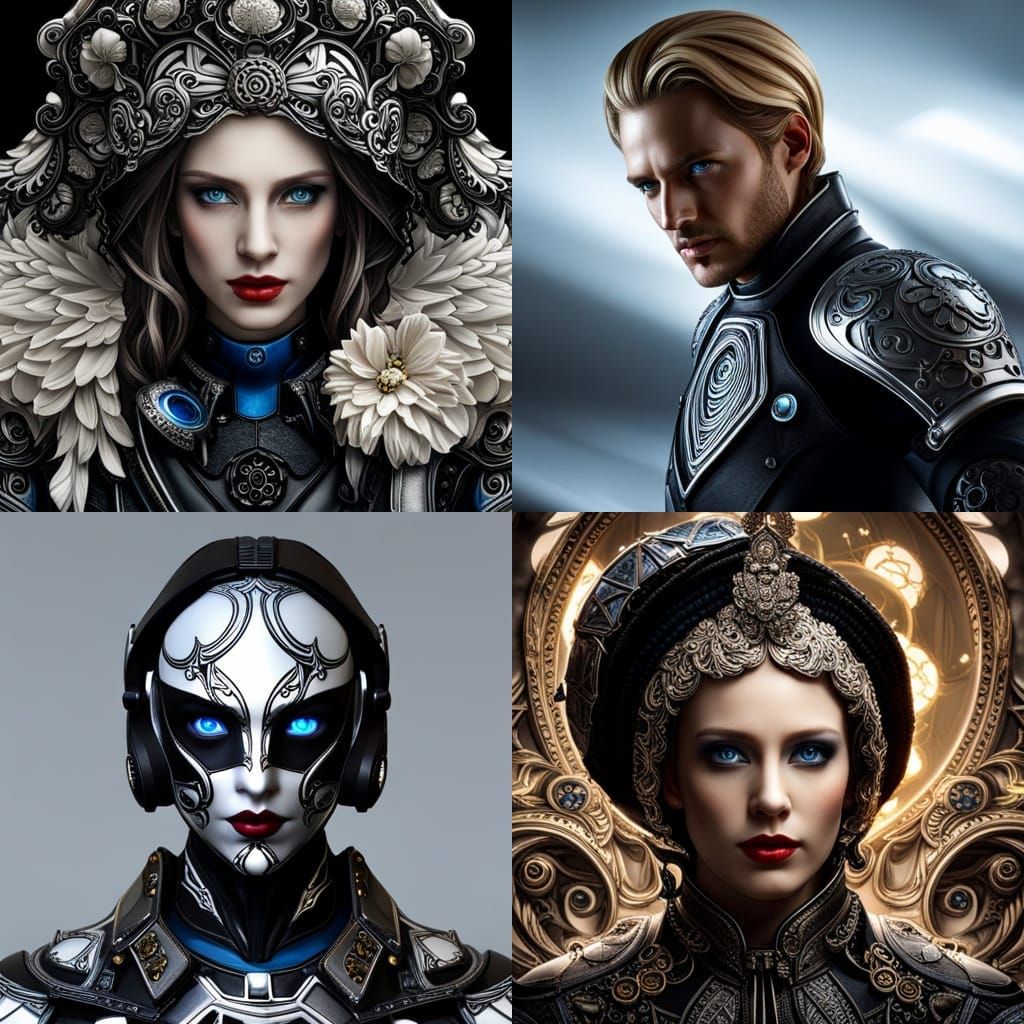 Humanoid android, covered in white porcelain skin, blue eyes, white ...