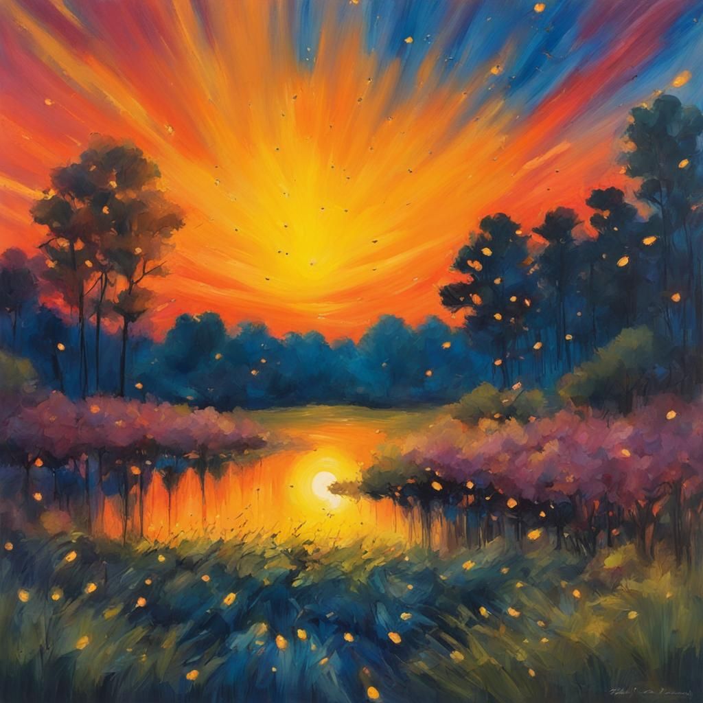 Sunset Impressionist painting, swarms of Fireflies, bold colors, strong ...