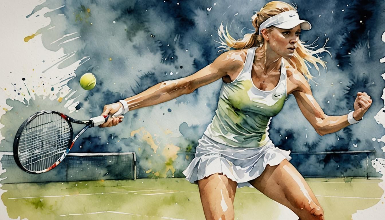 watercolor paint creation that depict a young blonde female tennis ...