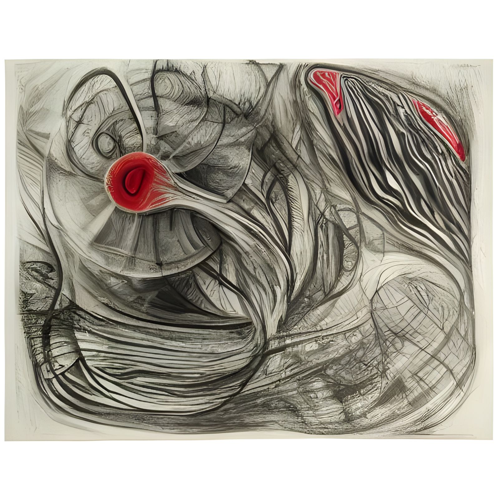 Black ink , red pencil and charcoal drawing of a detailed biomorphic ...