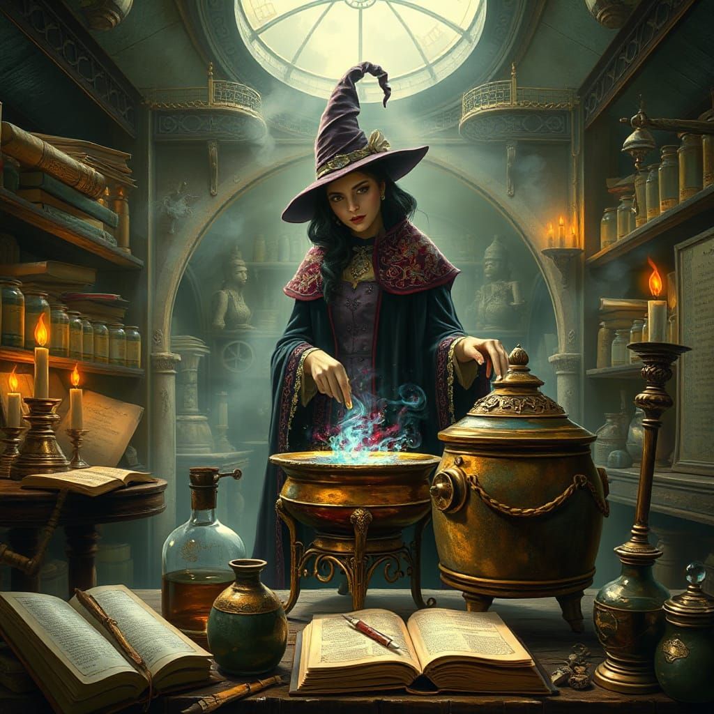 female alchemist mixing potions in her lab