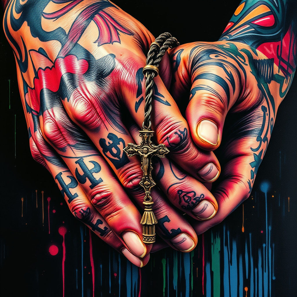 Faith - Tattooed Hands in Prayer, Blending Graffiti and Str...