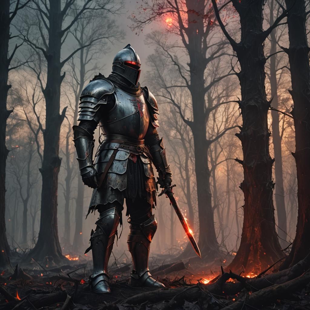 Grim Knight in Tattered Armor Confronts Ominous Da... - AI Art