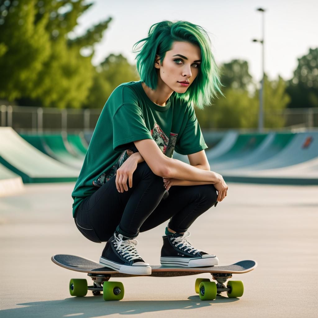 beautiful emo skatergirl with green hair in short clothes posing at a ...