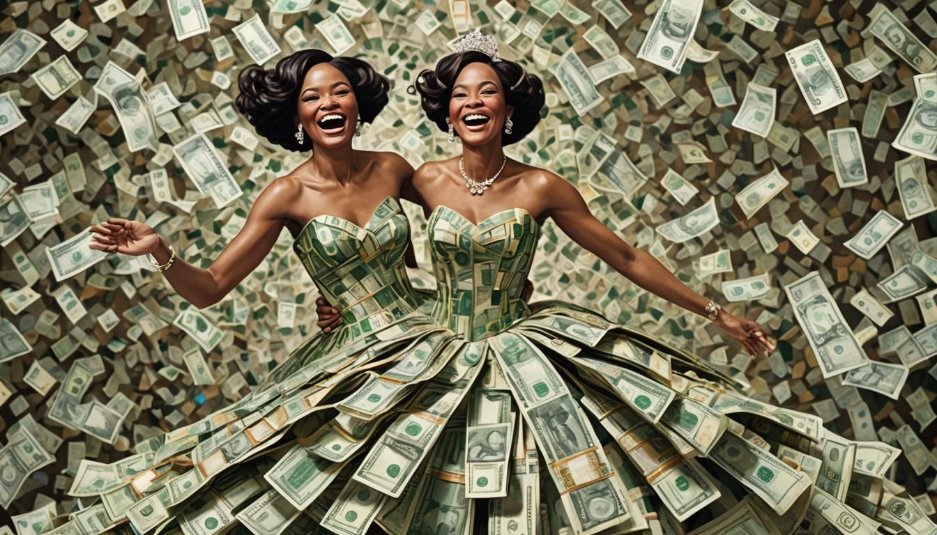a woman donned in a dress made of money, exuding whimsy and opulence ...