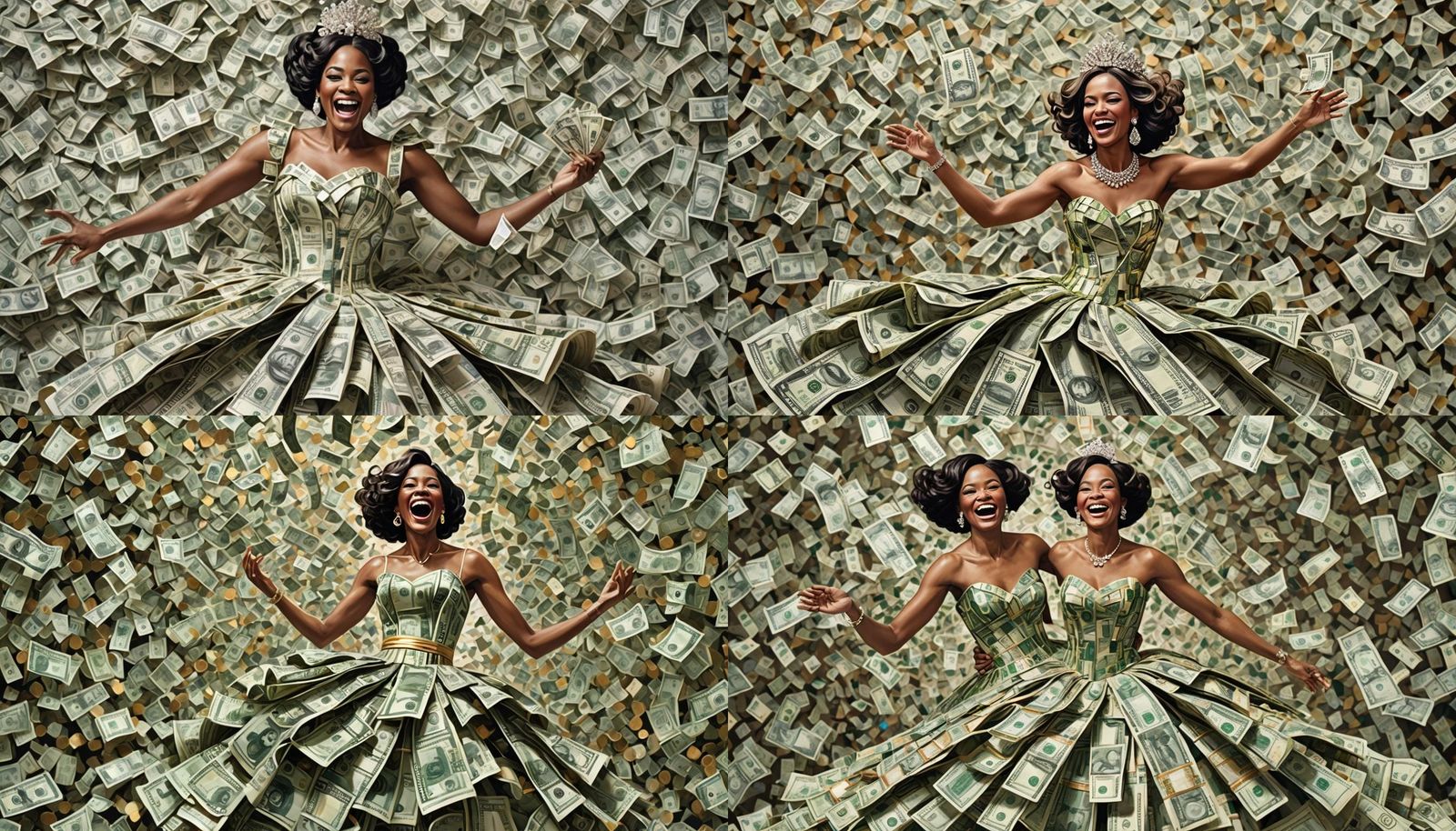 a woman donned in a dress made of money, exuding whimsy and opulence ...