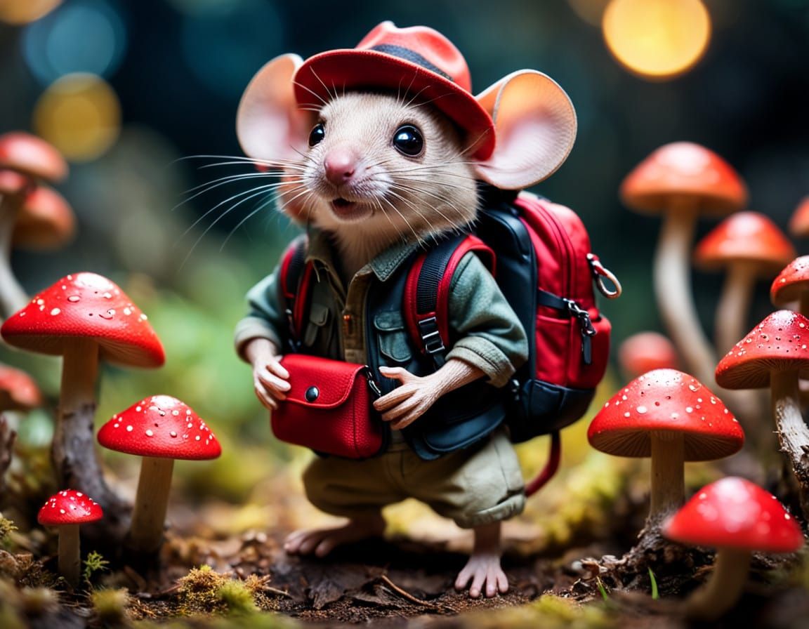 Tiny Explorer - Whimsical Mouse Explorer Amidst Glowing Mush...