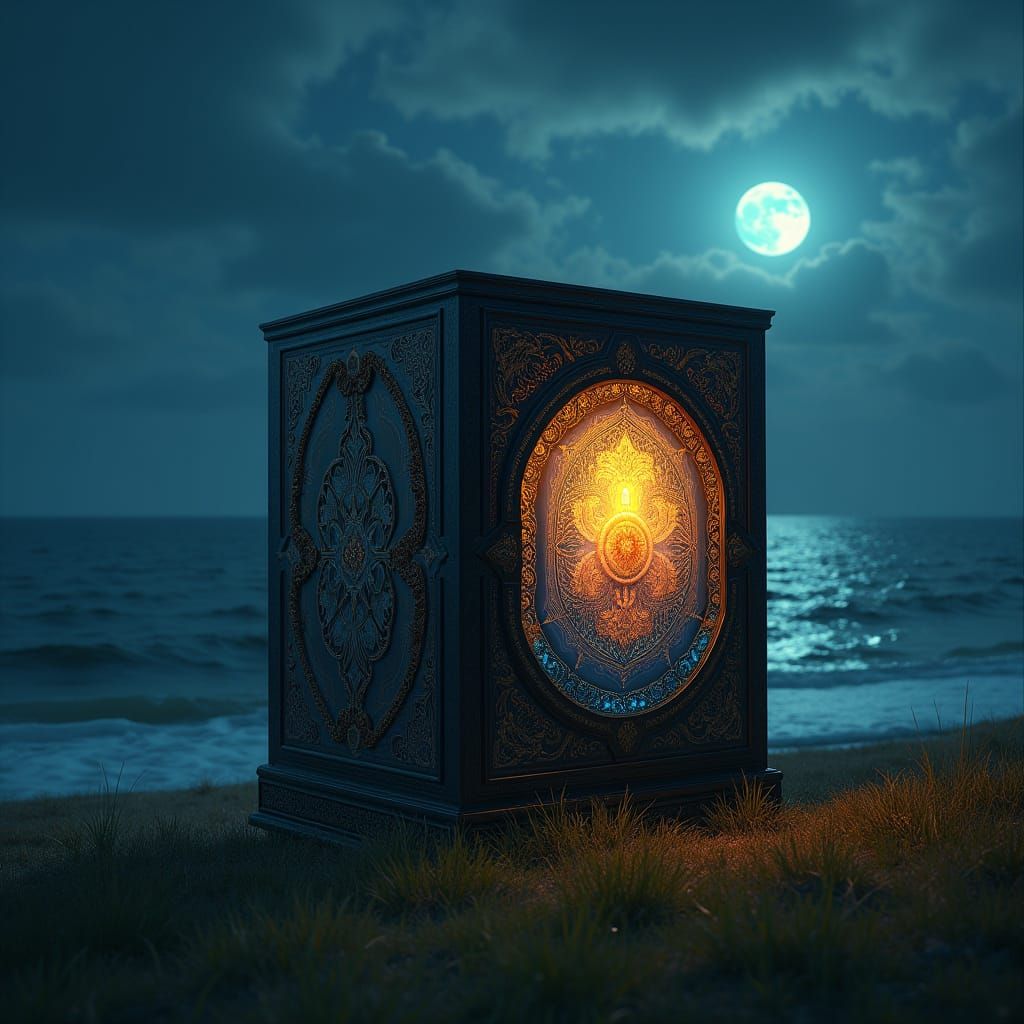 Ethereal Black Box Illuminates Tranquil Beach at N... - AI Art