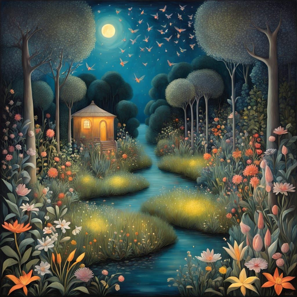 The night garden - Dreamlike Night Garden Scene in Whimsical...