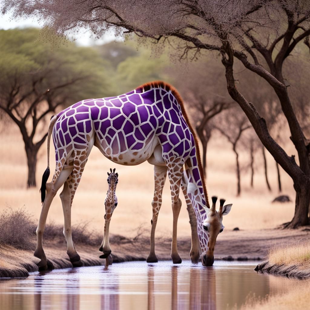 Beautiful purple spotted giraffe with legs splayed drinking water from ...