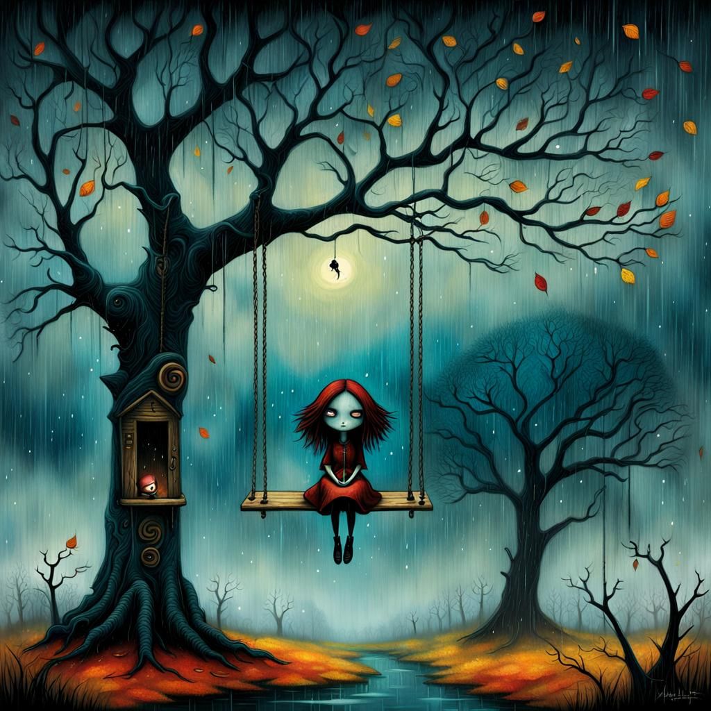 Whimsical Autumn Scene in Vibrant Pop Surrealism - AI Art