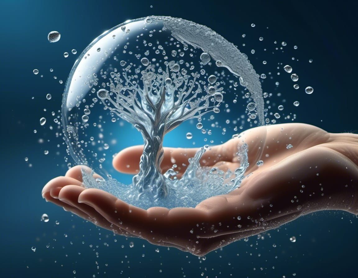 A ball of water with a tree in it completely made out of swirling water ...