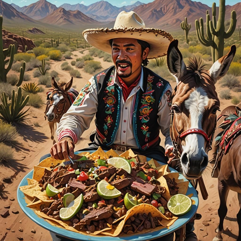 A mariachi, eating a ridiculously large, mouthwatering plate of Carne ...