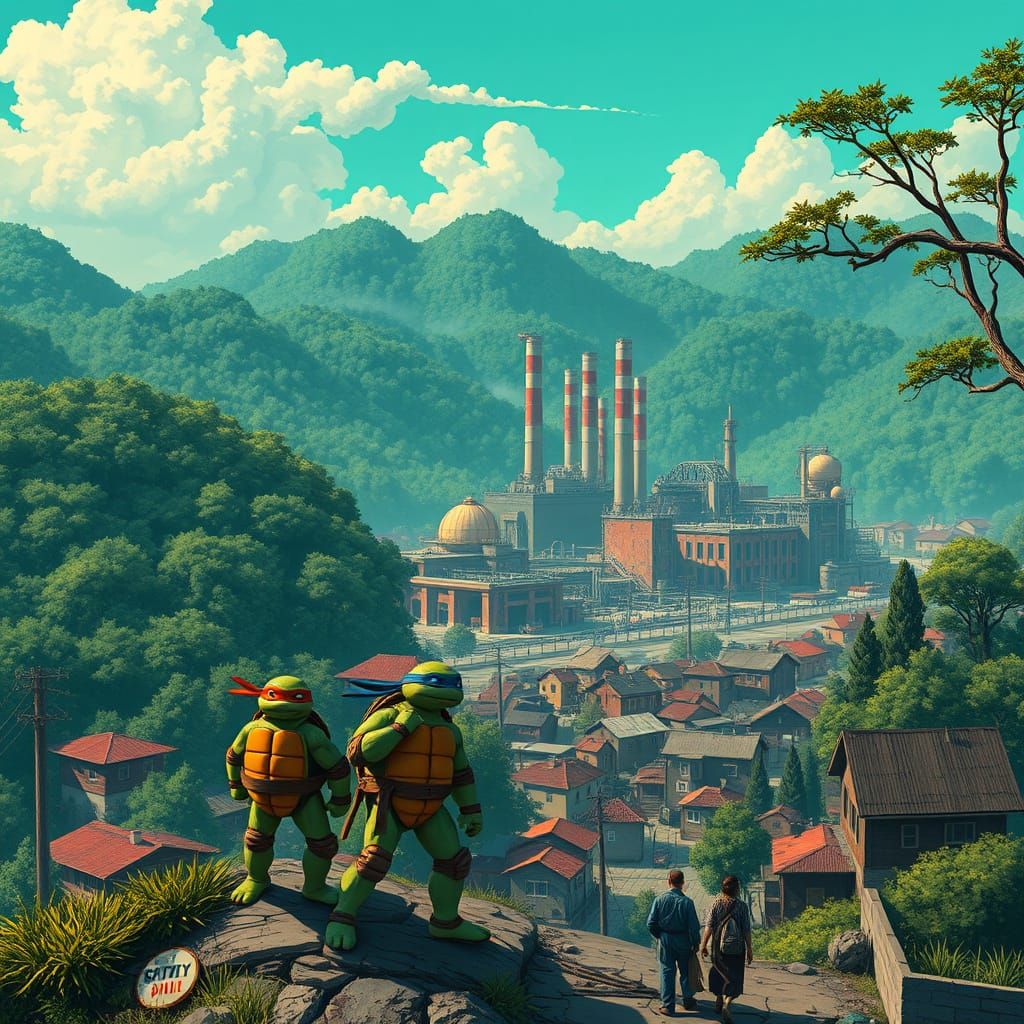 Ninja Turtles in a Futuristic Industrial Town - AI Art