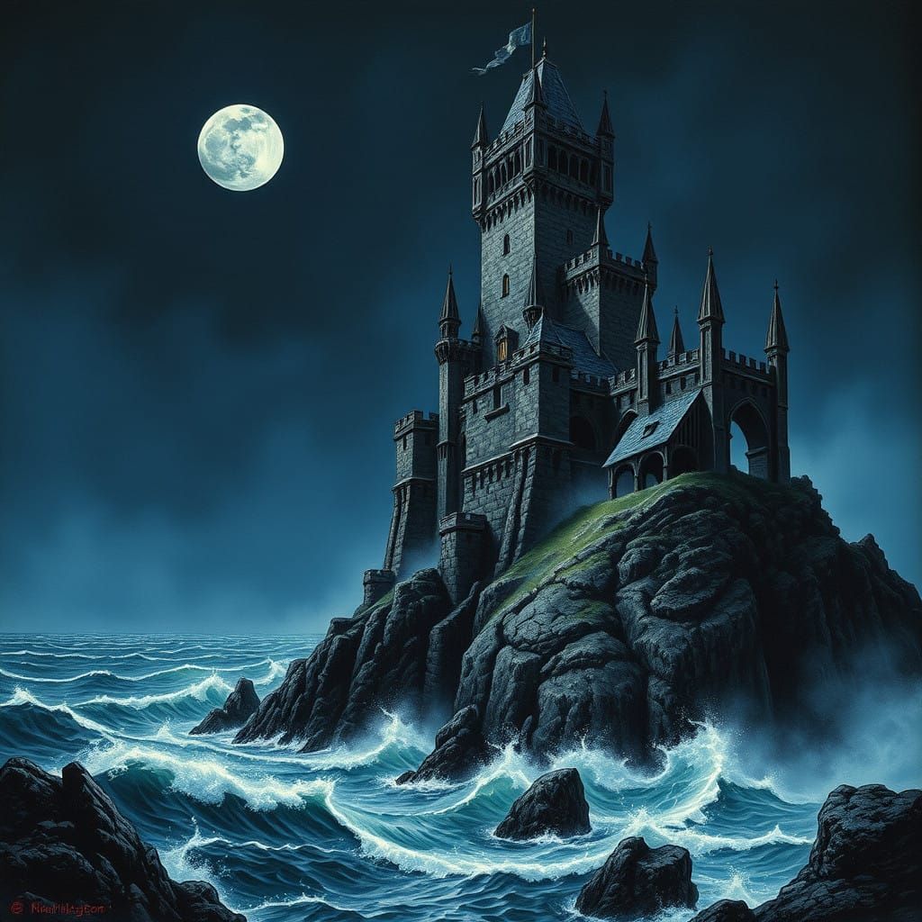 Foreboding Castle Towers Above Turbulent Stormy Se... - AI Art