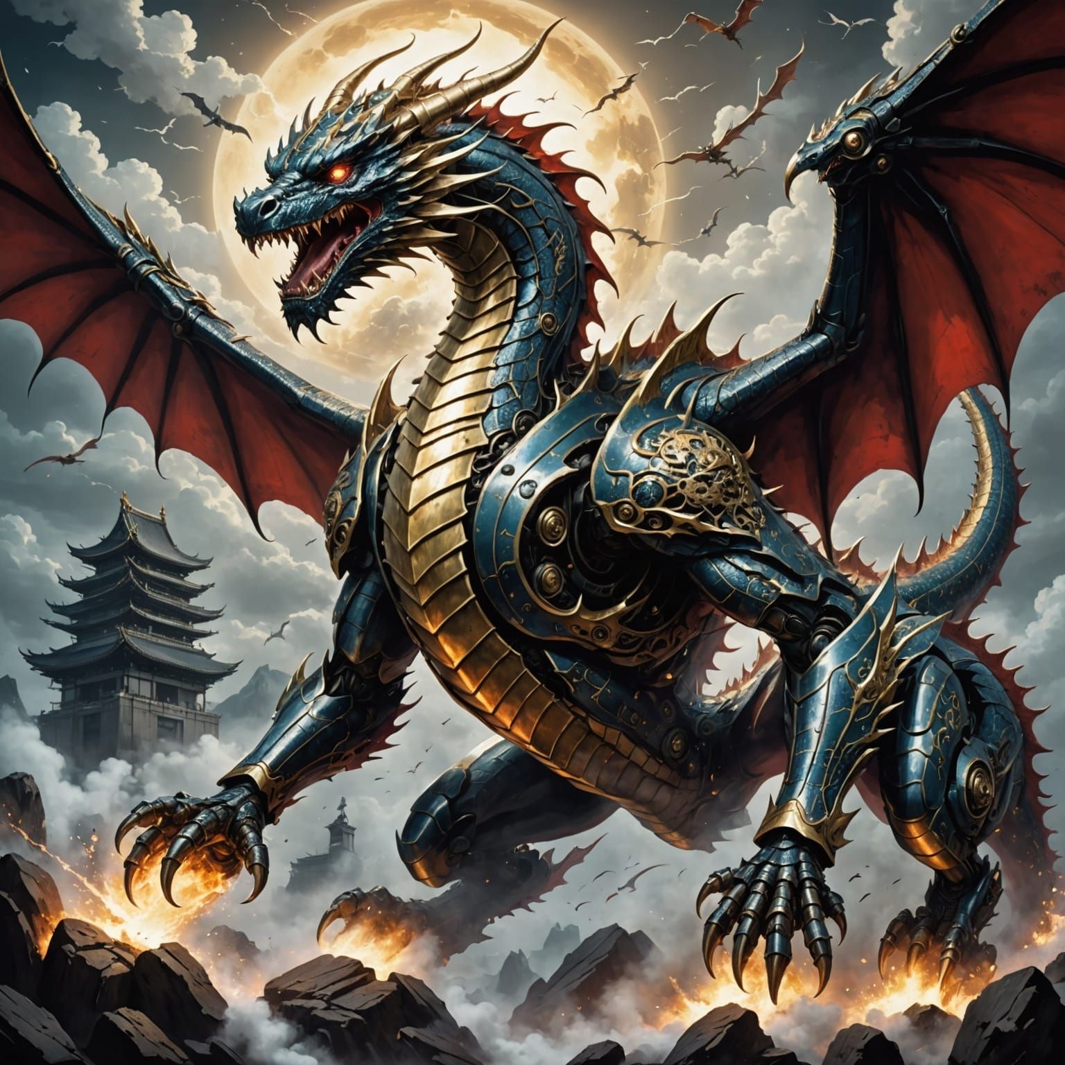 Edo Era Metallic Yokai Dragon Unleashes Cosmic Cha... - AI Art