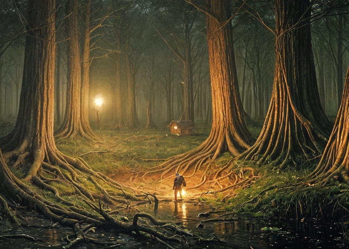 A Cozy Swamp Hut on Dagobah in Oil Painting Style - AI Art