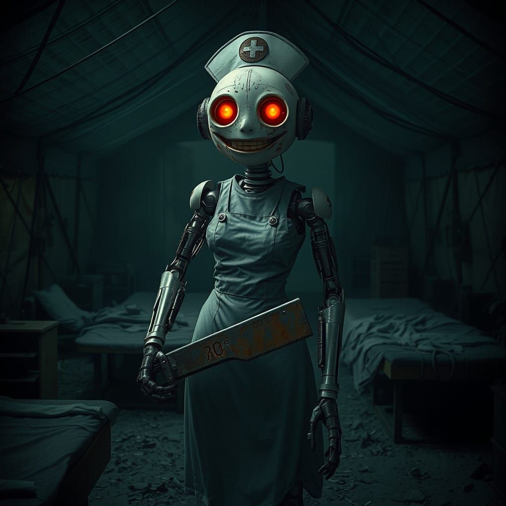 Creepy Android Nurse in a WWI-Era Tent Hospital - AI Art