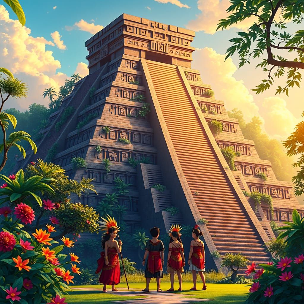 Vibrant Aztec Pyramid in Anime Style - AI Art