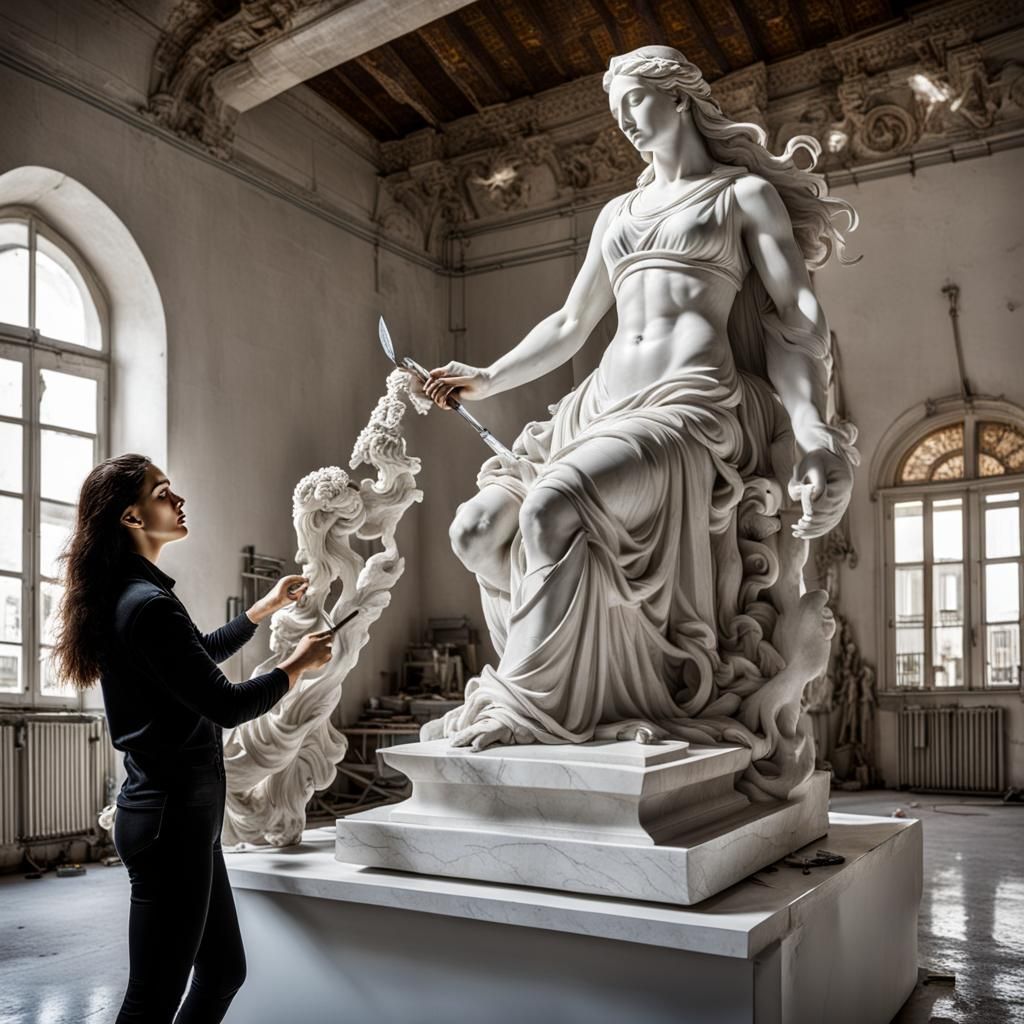A striking photo captures a young sculptor with brown hair ...