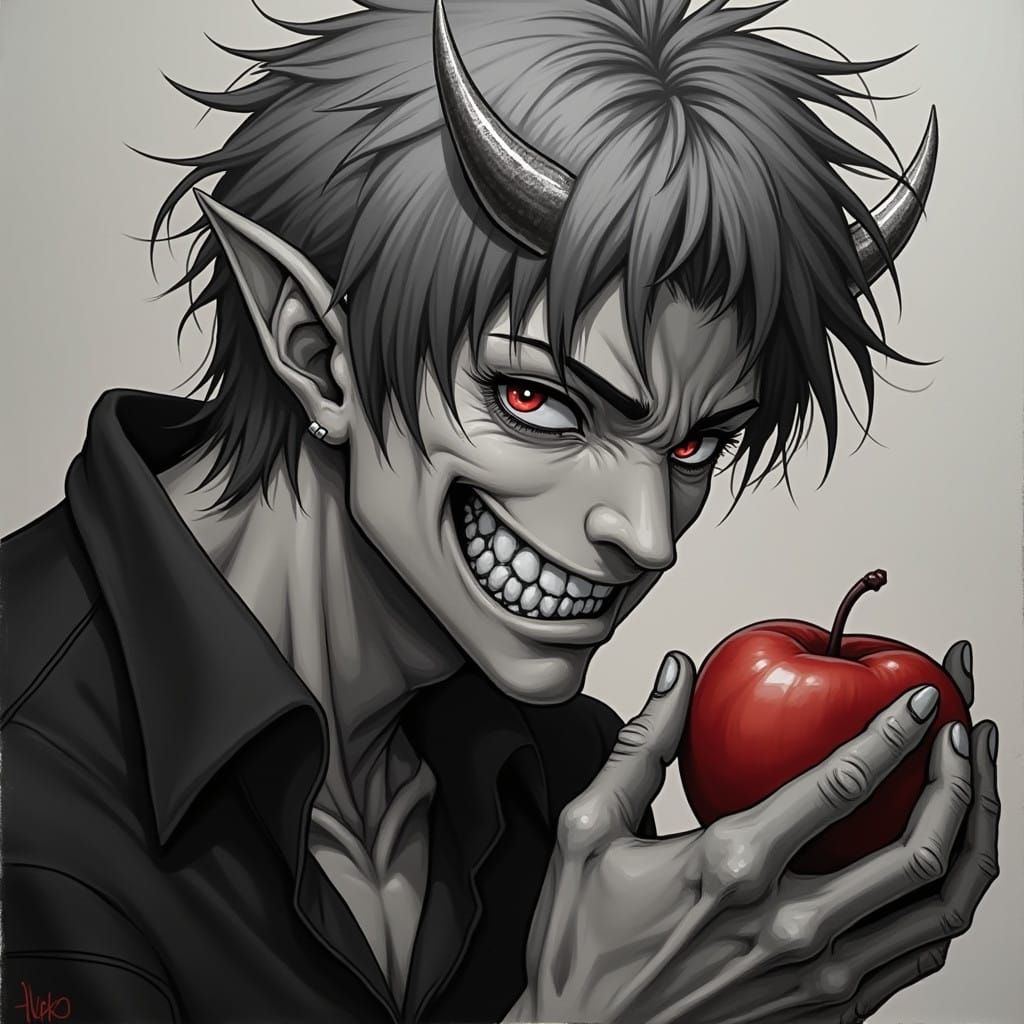 anime demon guy with silver skin and gray short hair grinning.