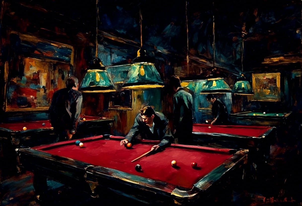 Two men only playing pool in a darkened poolhall. Dramatic focused ...