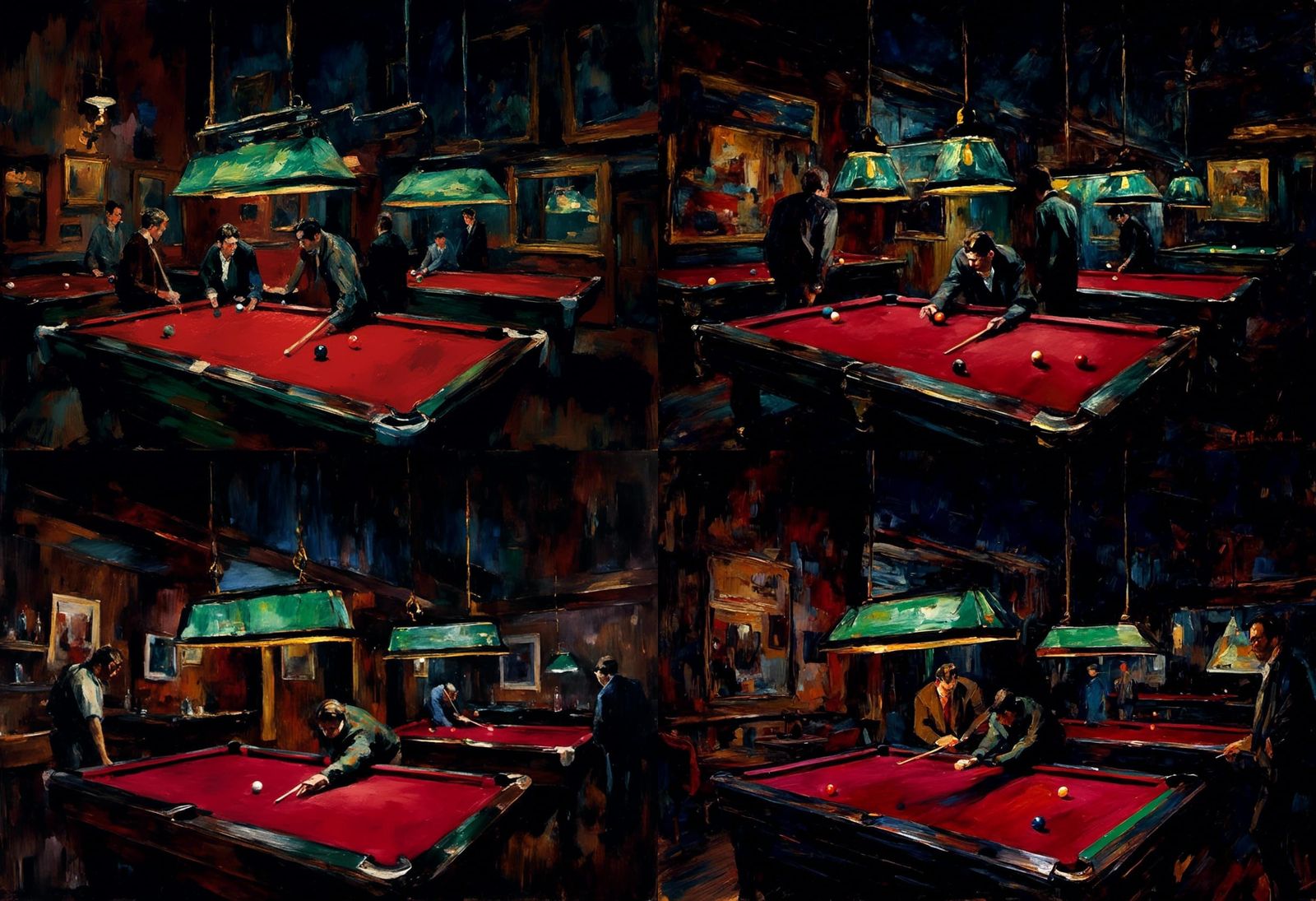 Two men only playing pool in a darkened poolhall. Dramatic focused ...