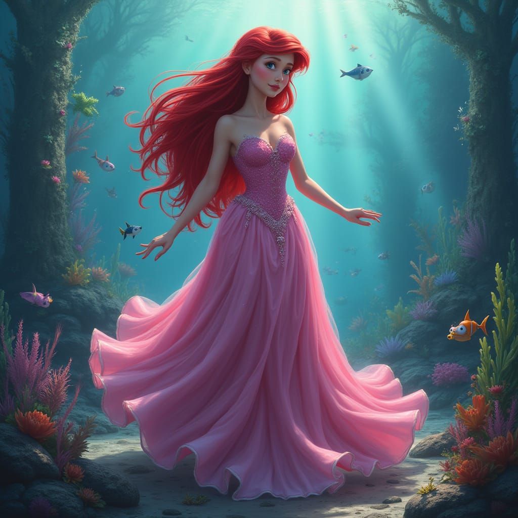 Ariel in Pink Gown in Detailed Matte Painting - AI Art