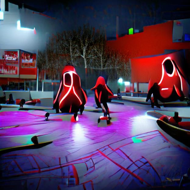 Dark Roller Skating rink Hooded figures red neon lights Unreal Engine ...