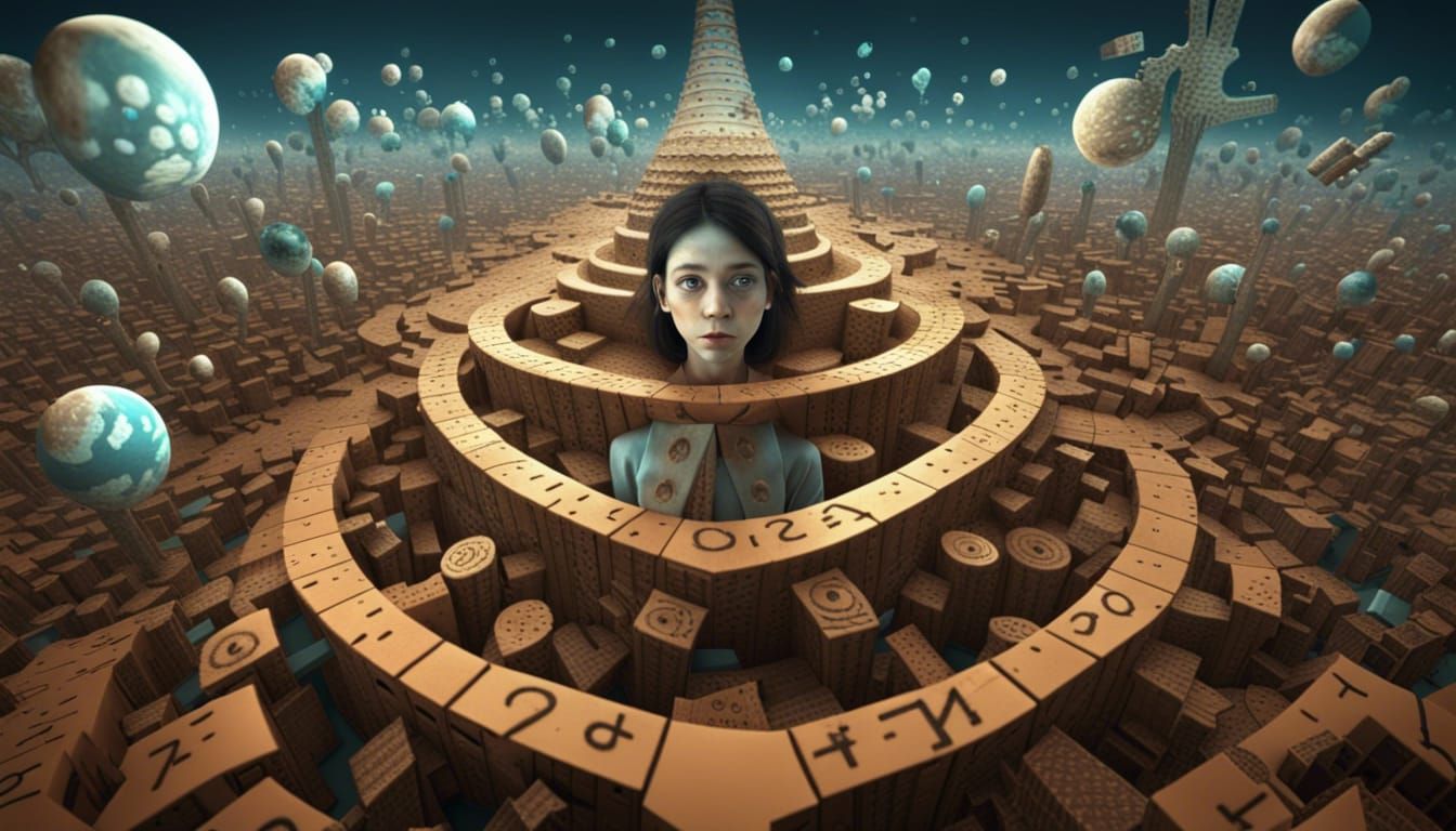 a real surreal and grotesque fractal world with a girl as teacher, 8k ...